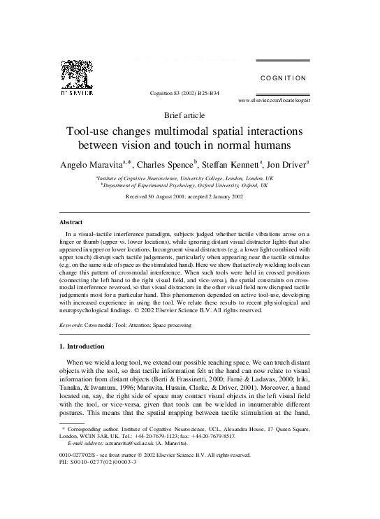 (PDF) Tool-use changes multimodal spatial interactions between vision and touch in normal humans