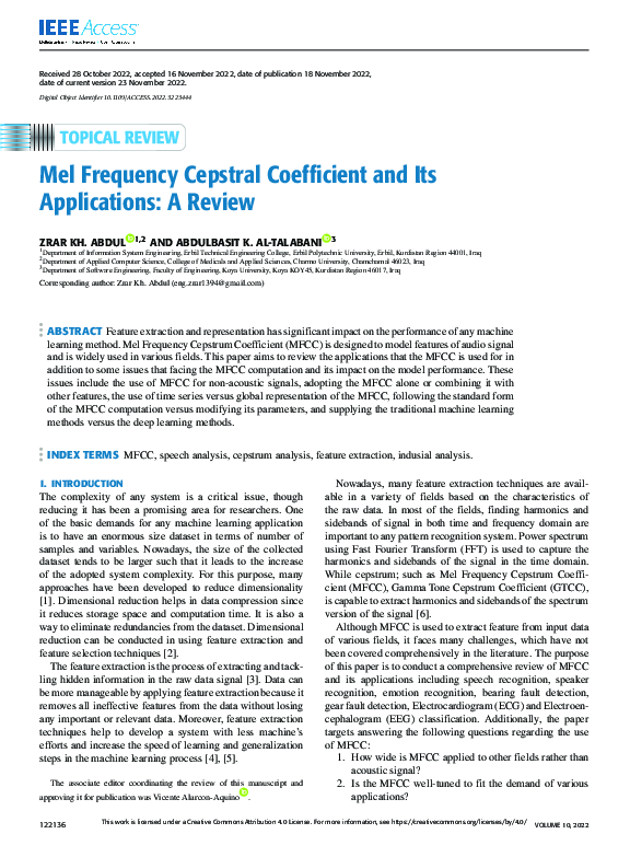 (PDF) Mel Frequency Cepstral Coefficient and its Applications: A Review