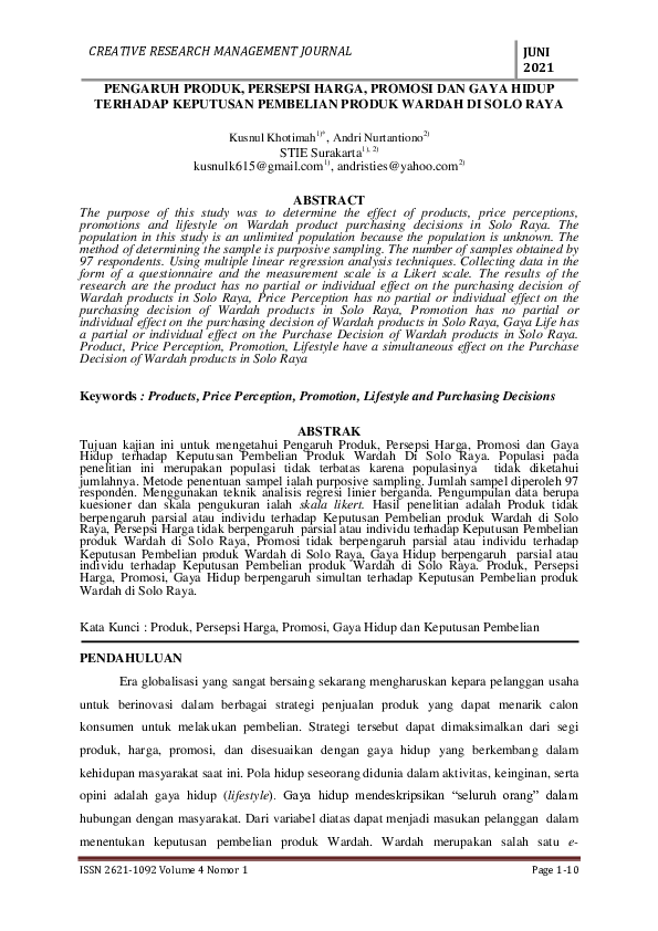(PDF) Pengaruh Produk, Persepsi Harga, Promosi Dan Gaya Hidup Terhadap Keputusan Pembelian ...