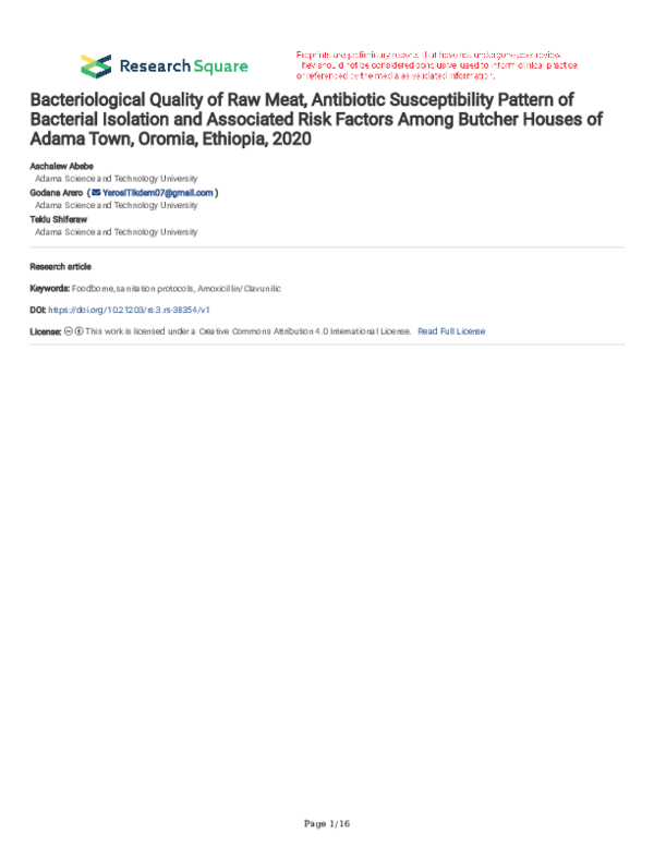 (PDF) Bacteriological Quality of Raw Meat, Antibiotic Susceptibility Pattern of Bacterial ...