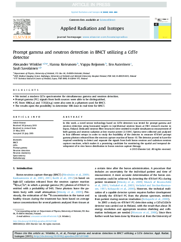 (PDF) Prompt gamma and neutron detection in BNCT utilizing a CdTe detector