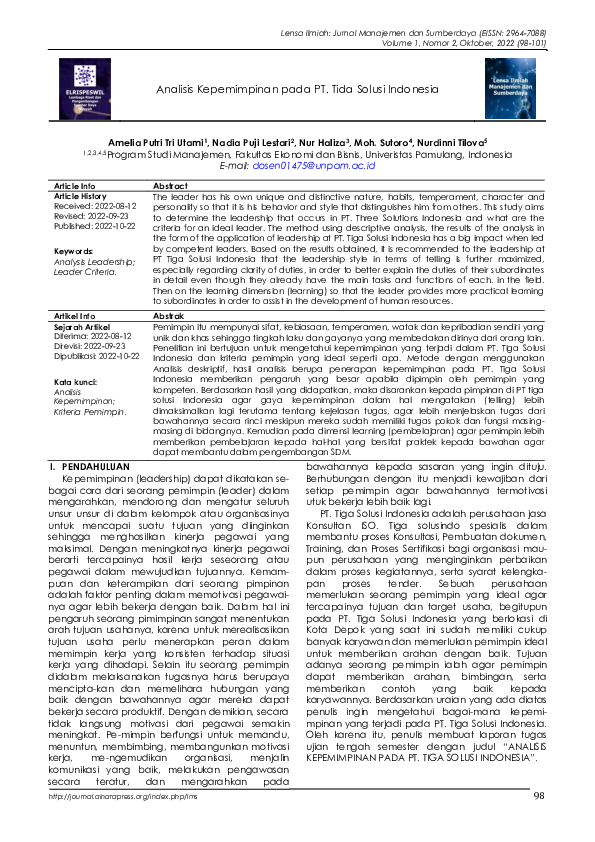 (PDF) Analisis Kepemimpinan pada PT. Tida Solusi Indonesia