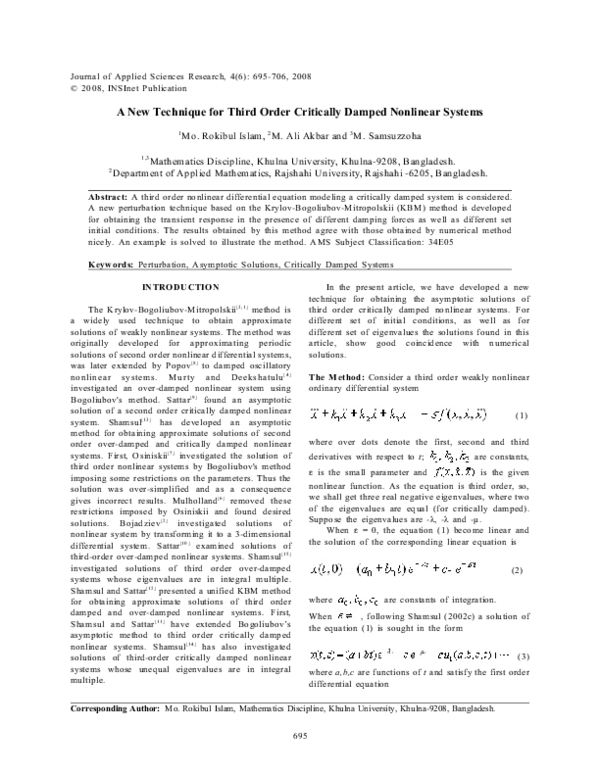 (PDF) A new technique for third order critically damped nonlinear systems