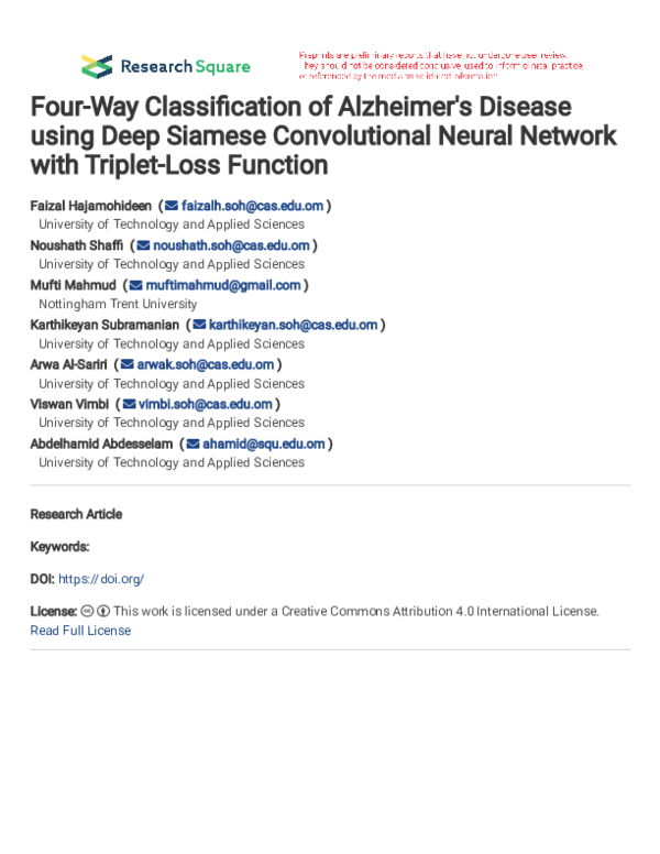 (PDF) Four-Way Classification of Alzheimer's Disease using Deep Siamese Convolutional Neural ...
