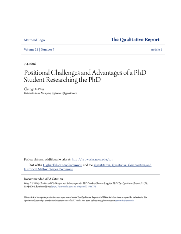 (PDF) Positional Challenges and Advantages of a PhD Student Researching ...