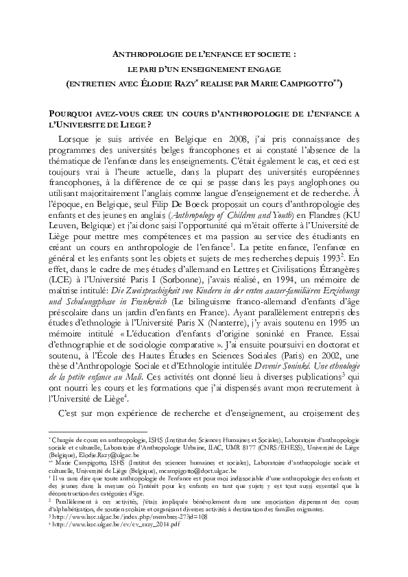 (PDF) Anthropologie de l’enfance et société : le pari d’un enseignement ...