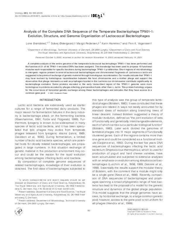 (PDF) Analysis of the Complete DNA Sequence of the Temperate ...