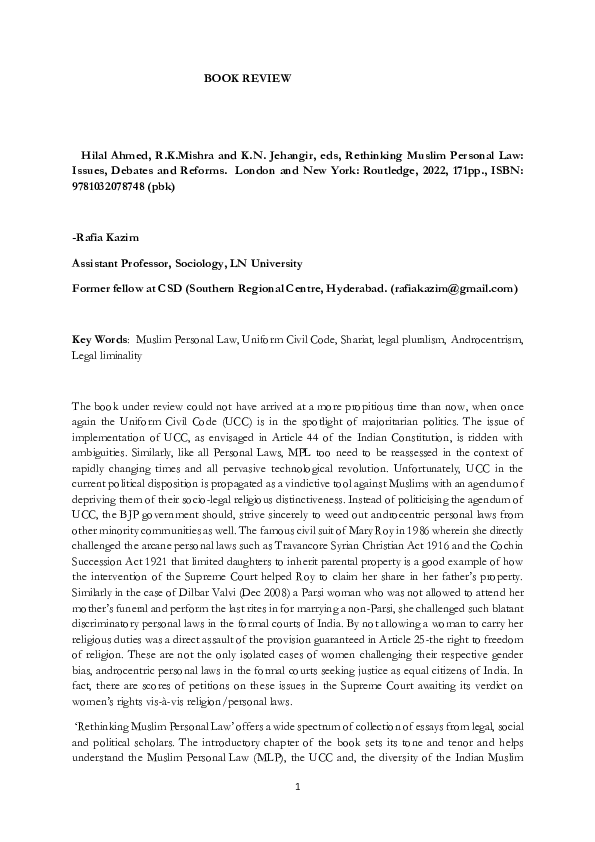 (PDF) Hilal Ahmed, R.K.Mishra and K.N. Jehangir, eds, Rethinking Muslim ...