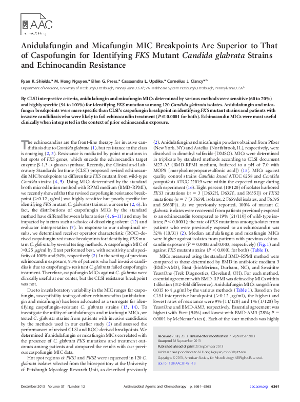 (PDF) Anidulafungin and Micafungin MIC Breakpoints Are Superior to That of Caspofungin for ...