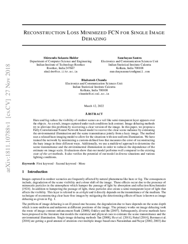 (PDF) Reconstruction Loss Minimized FCN for Single Image Dehazing