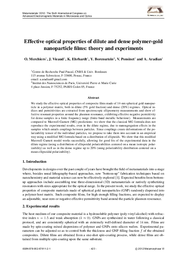 (PDF) Effecti ve optical properties of dilute and dense polymer-gold nanoparticle films: theory ...