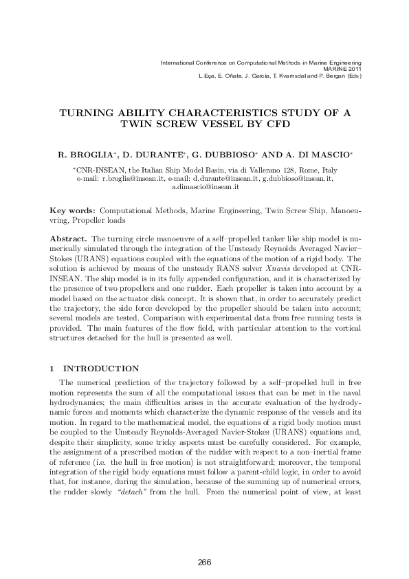 (PDF) Turning Ability Characteristics Study of a Twin Screw Vessel by CFD