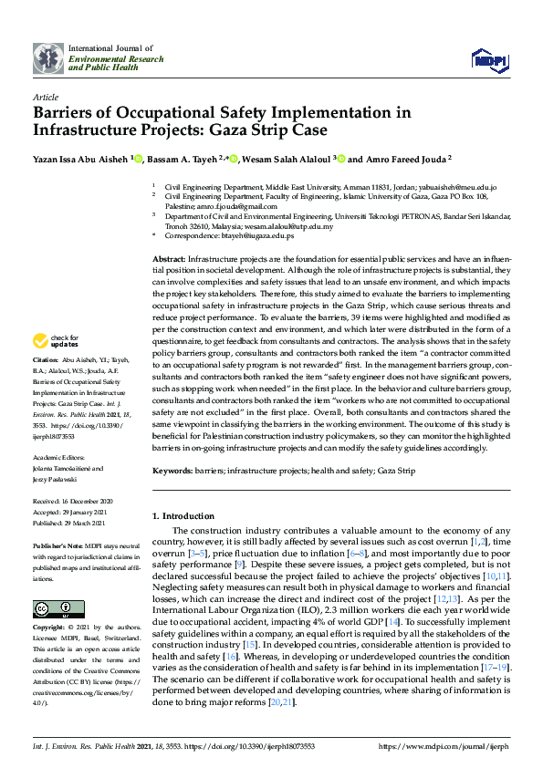 (PDF) Barriers of Occupational Safety Implementation in Infrastructure Projects: Gaza Strip Case