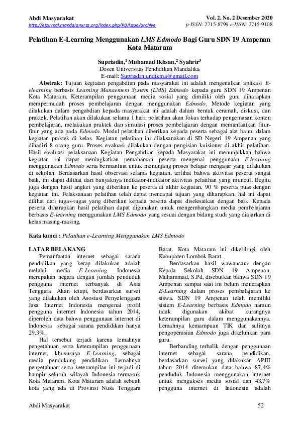 (PDF) Pelatihan E-Learning Menggunakan LMS Edmodo Bagi Guru SDN 19 Ampenan Kota Mataram