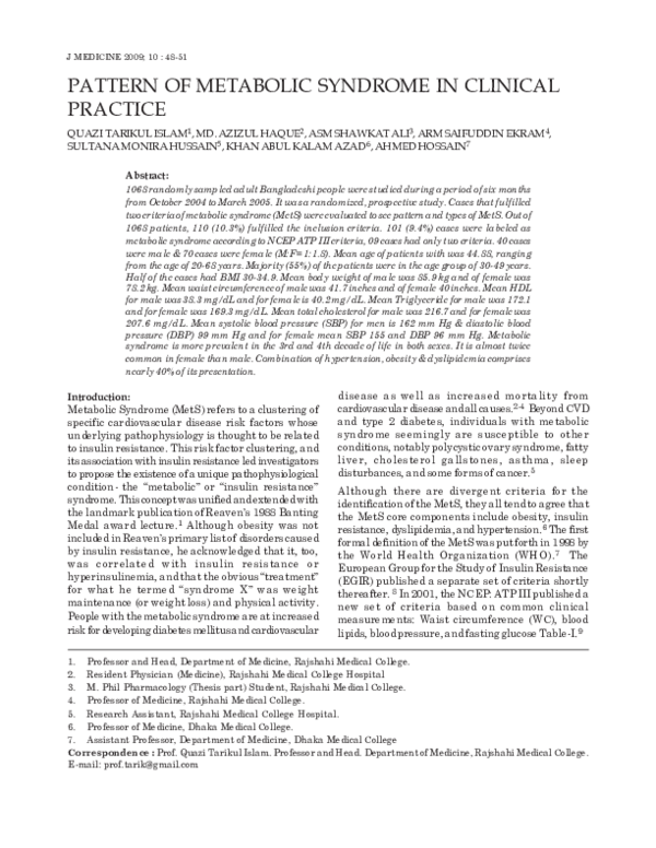 (PDF) Pattern of Metabolic Syndrome in Clinical Practice | mamun ...