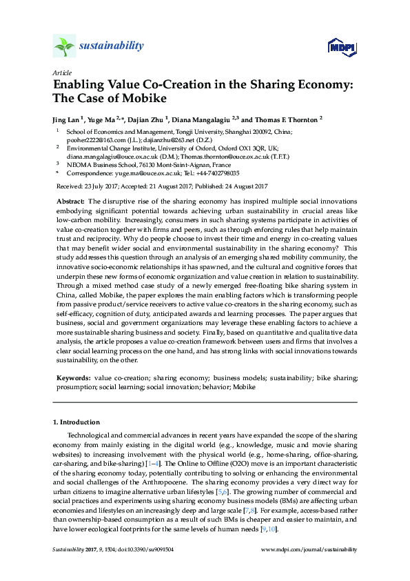 (PDF) Enabling Value Co-Creation in the Sharing Economy: The Case of Mobike