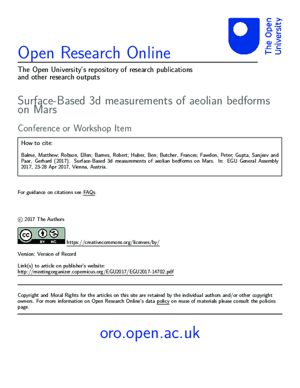 (PDF) Surface-Based 3D Measurements of Aeolian Bedforms on Mars and ...