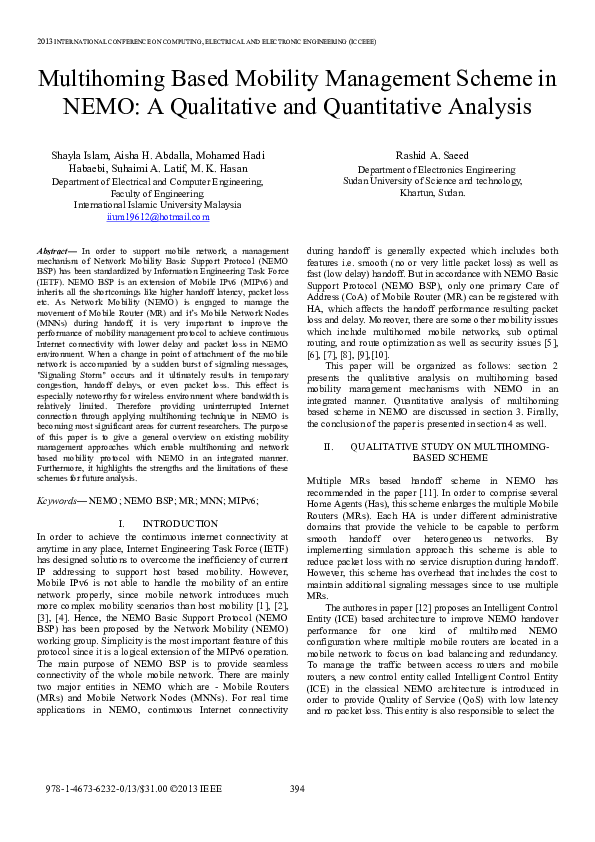 (PDF) Multihoming based mobility management scheme in NEMO: A qualitative and quantitative analysis
