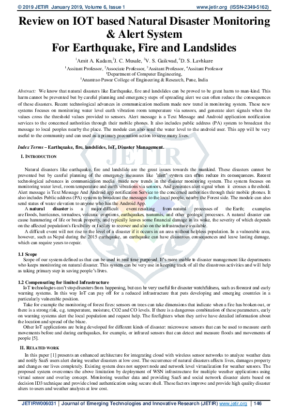 (PDF) Review on IOT based Natural Disaster Monitoring & Alert System For Earthquake, Fire and ...