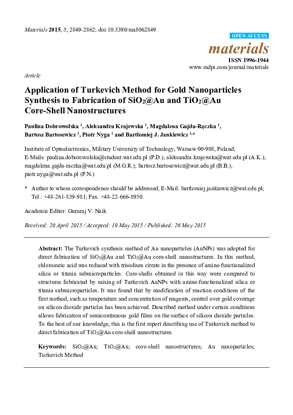 (PDF) Application of Turkevich Method for Gold Nanoparticles Synthesis to Fabrication of SiO2@Au ...