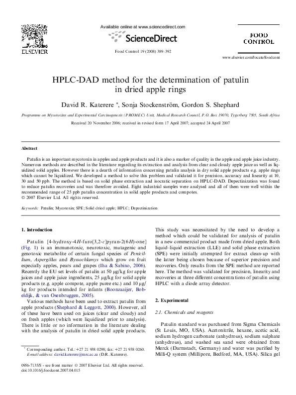 (PDF) HPLC-DAD method for the determination of patulin in dried apple rings