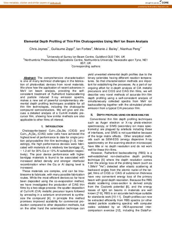 (PDF) Elemental depth profiling of thin film chalcogenides using MeV ion beam analysis | Chris ...