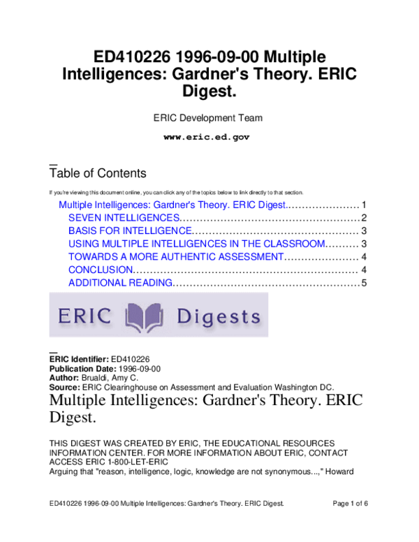 (PDF) Multiple Intelligences: Gardner's Theory. ERIC Digest