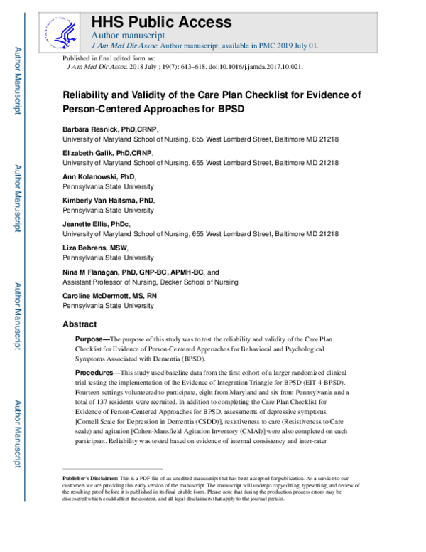 (PDF) Reliability and Validity of the Care Plan Checklist for Evidence ...