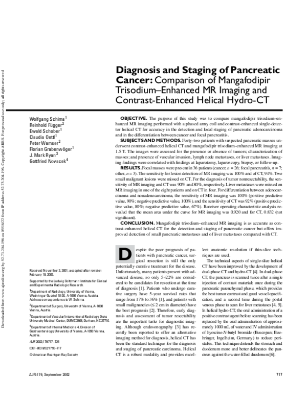 (PDF) Diagnosis and Staging of Pancreatic Cancer: Comparison of Mangafodipir Trisodium—Enhanced ...
