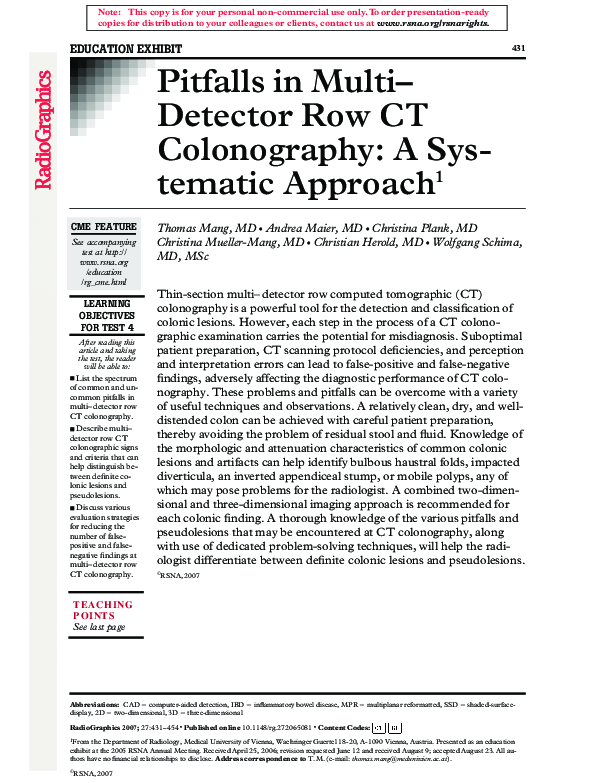 (PDF) Pitfalls in Multi–Detector Row CT Colonography: A Systematic Approach