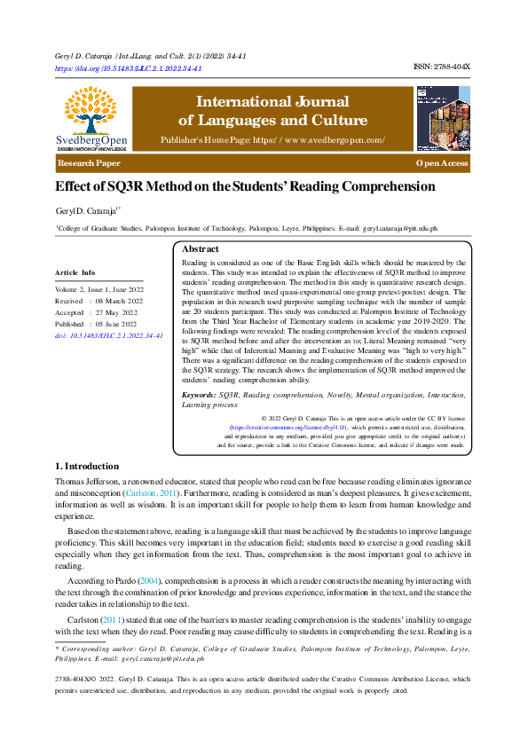 (PDF) Effect of SQ3R Method on the Students’ Reading Comprehension