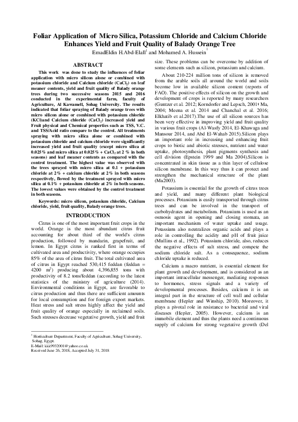 (PDF) Foliar Application of Micro Silica, Potassium Chloride and Calcium Chloride Enhances Yield ...