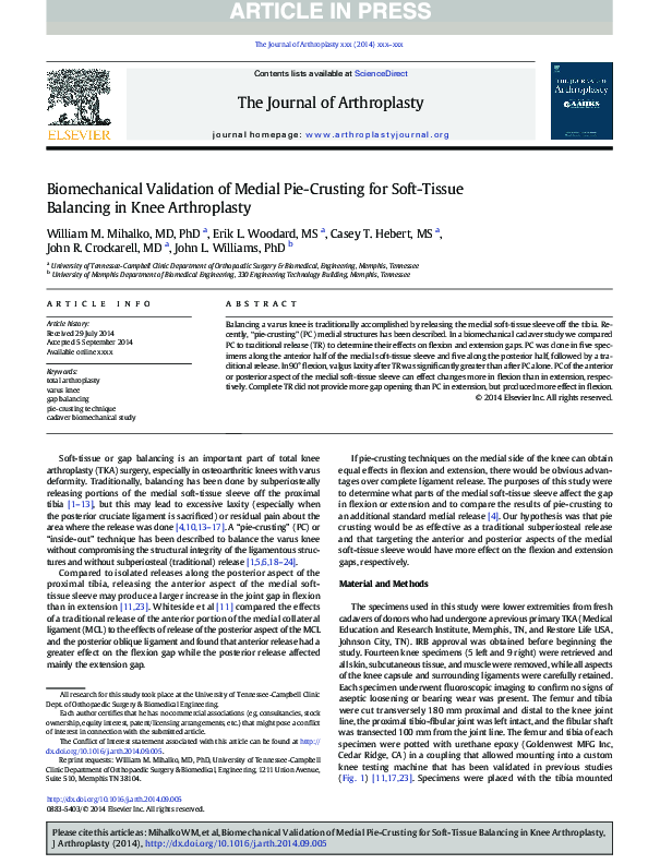 (PDF) Biomechanical Validation of Medial Pie-Crusting for Soft-Tissue ...