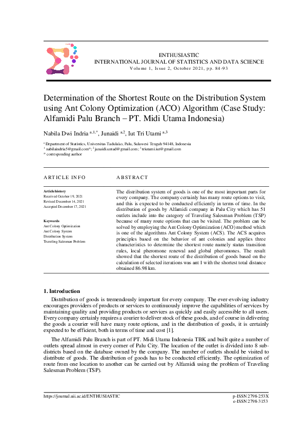 Pdf Determination Of The Shortest Route On The Distribution System Using Ant Colony