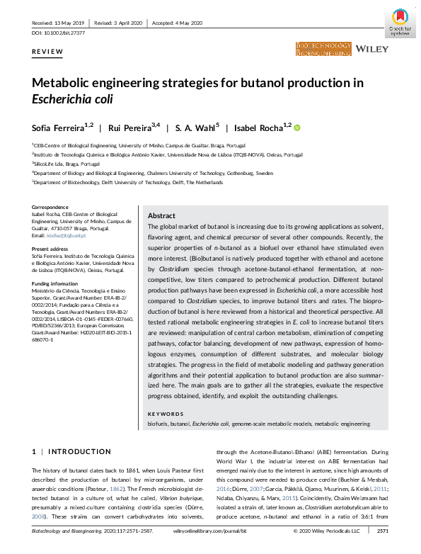 (PDF) Metabolic engineering strategies for butanol production in Escherichia coli
