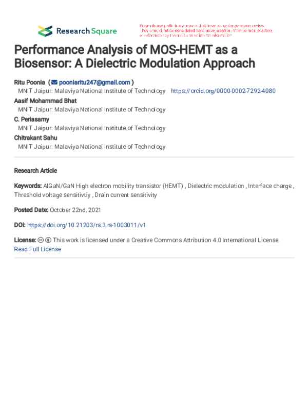 (PDF) Performance Analysis of MOS-HEMT as a Biosensor: A Dielectric ...