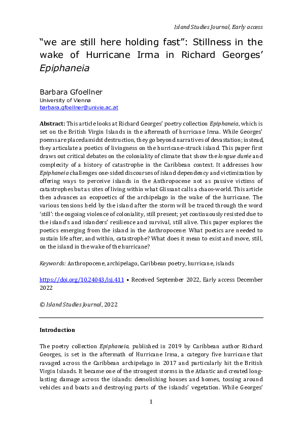 "we are still here holding fast": Stillness in the wake of Hurricane ...