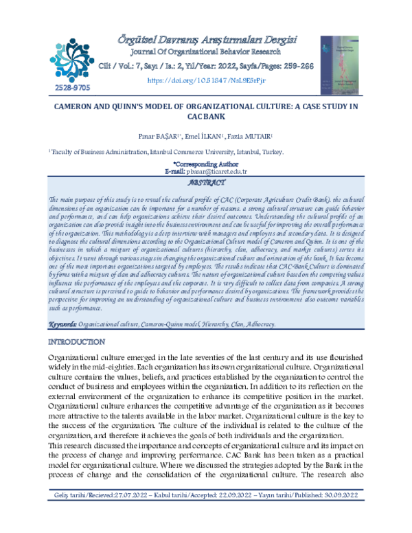 (PDF) CAMERON AND QUINN'S MODEL OF ORGANIZATIONAL CULTURE: A CASE STUDY INCAC BANK