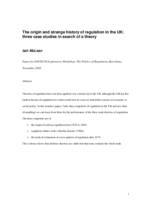 (PDF) The History of Regulation in the United Kingdom: Three Case ...