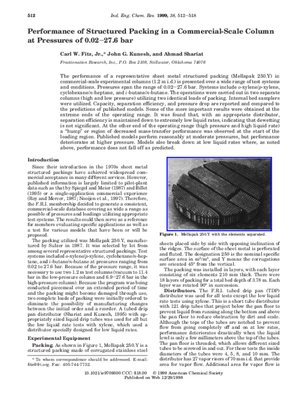 (PDF) Performance of Structured Packing in a Commercial-Scale Column at ...