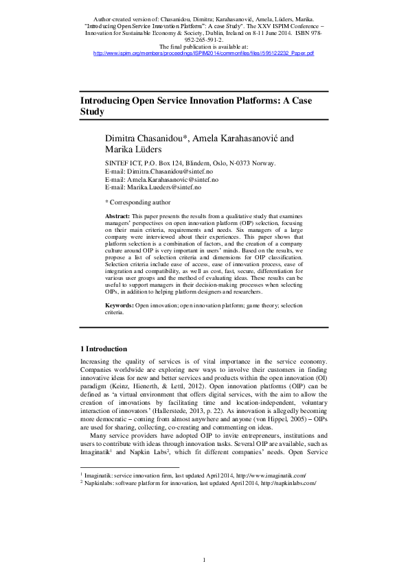(PDF) Introducing Open Service Innovation Platforms: A Case Study | Amela Karahasanovic ...