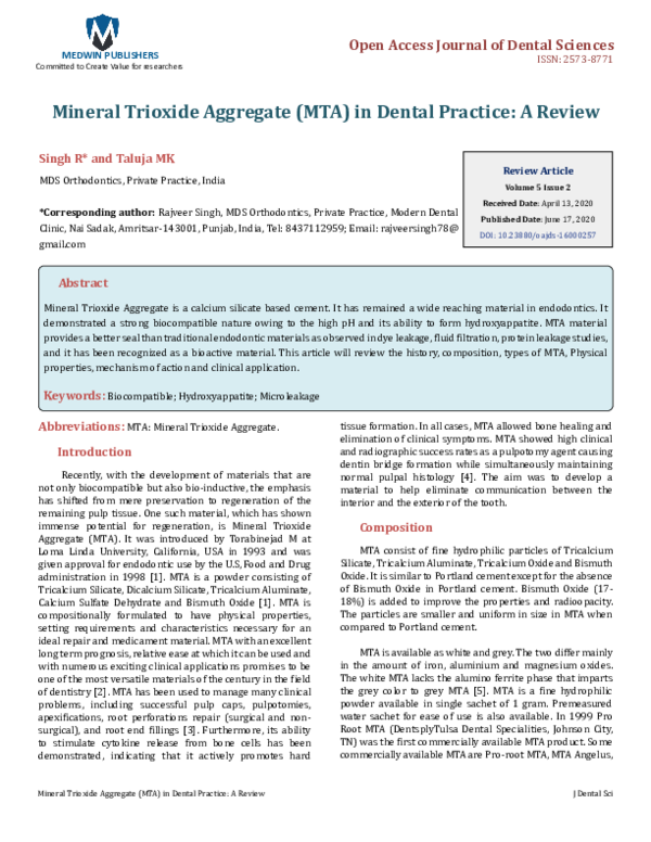 (PDF) Mineral Trioxide Aggregate (MTA) in Dental Practice: A Review