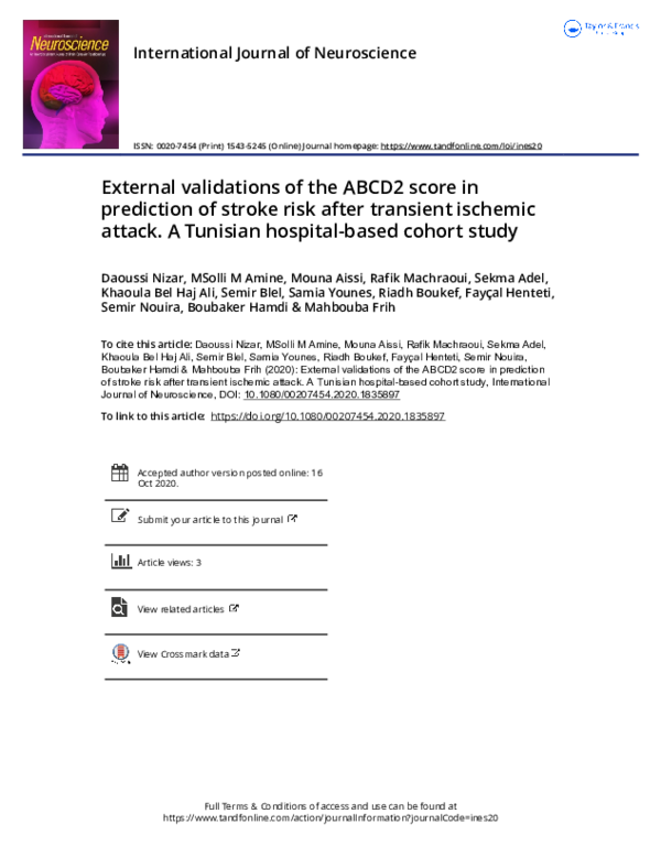 (PDF) External validations of the ABCD2 score in prediction of stroke ...