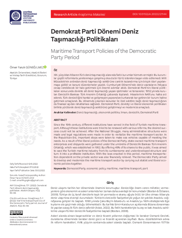 (PDF) Demokrat Parti Dönemi Deniz Taşımacılığı Politikaları Maritime ...