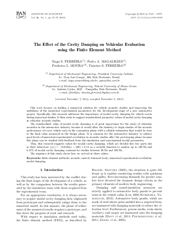Pdf The Effect Of The Cavity Damping On Vehicular Evaluation Using The Finite Element Method
