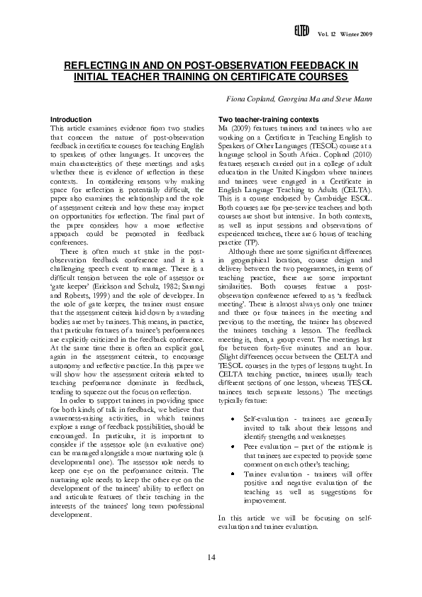 (PDF) Reflecting in and on post-observation feedback in initial teacher training on certificate ...
