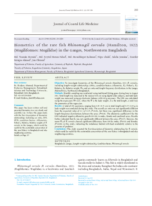 (PDF) Biometrics of the rare fish Rhinomugil corsula (Hamilton, 1822 ...