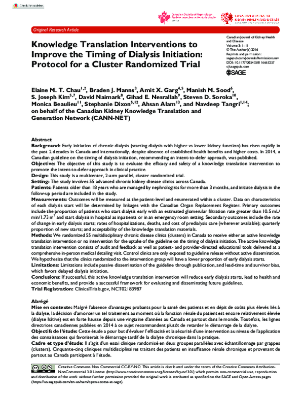 Knowledge Translation Interventions to Improve the Timing of Dialysis ...