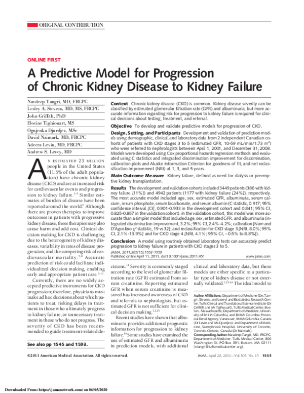 (PDF) A Predictive Model for Progression of Chronic Kidney Disease to ...