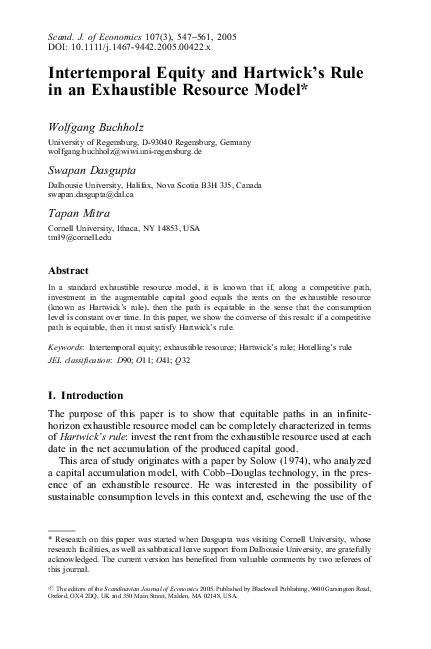 (PDF) Intertemporal Equity and Hartwick's Rule in an Exhaustible Resource Model*